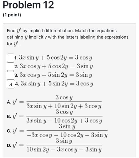 Solved Problem 12 1 ﻿point Find Y ﻿by Implicit
