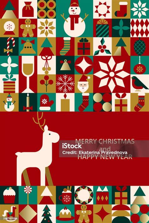 메리 크리스마스와 새해 복 많이 받으세요 밝은 인사말 카드 심플한 기하학적 모양의 트렌디한 디자인 눈사람 쿠키 선물 양초가 있는 아이콘 바우하우스 스타일 포스터 배너 표지