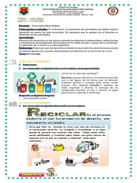 Actividad Semana 6 Grado Sexto Etica Y Valores Pdf Reciclaje