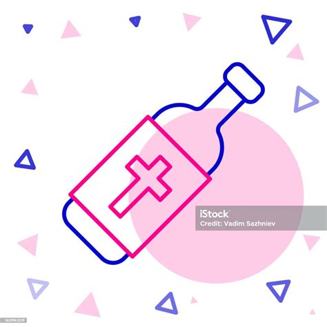 흰색 배경에 격리 된 라인 거룩한 물 병 아이콘 마법의 액체가 있는 유리 플라스크 다채로운 개요 개념 벡터 0명에 대한 스톡