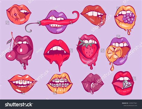 Pop Art Sexy Lips Vector Set Stock Vector Royalty Free 1235077561