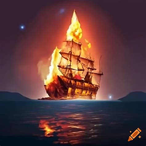 Burning Pirate Ship In Front Of A Magical Island With A Sparkling
