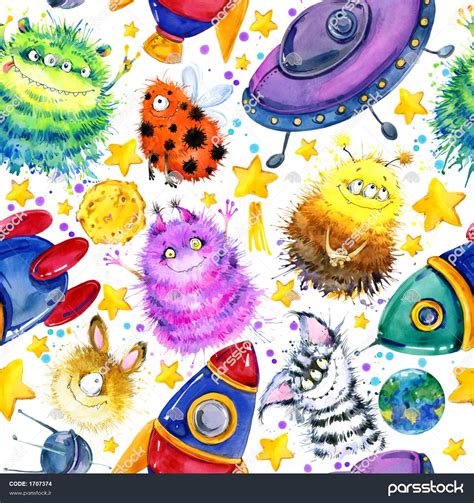 الگوی بدون درز هیولای زیبا تصویر فضای کارتونی آبرنگ موشک بشقاب پرنده بیگانه 1707374