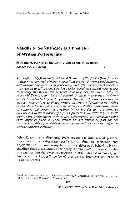 Pdf Validity Of Self Efficacy As A Predictor Of Writing Performance