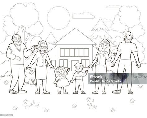 สมุดระบายสี ครอบครัวที่มีความสุขใหญ่กลางแจ้งบนพื้นหลังของบ้านและป่า ภาพประกอบเวกเตอร์ใ ภาพประกอบ