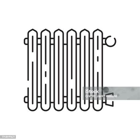 집 난방 라인 아이콘입니다 얇은 등고선 기호입니다 보일러 라디에이터 및 온도 조절기 가스 전기 고체 연료 펠릿 태양열 보일러 격리된 벡터 윤곽선 그림 편집 가능한 획 가정