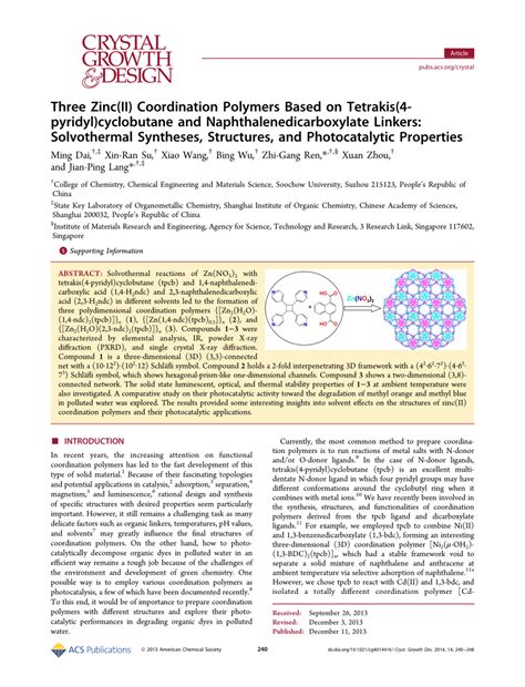 Pdf Three Zincii Coordination Polymers Based On Tetrakis4 Pyridylcyclobutane And