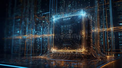 Futuristic Quantum Computer Illustration With Quantum Bits Data Flow