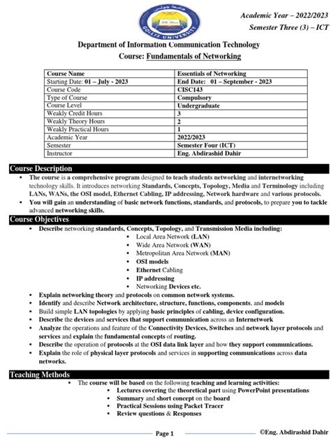 Fundamentals Of Networking Course Outline Pdf Computer Network Network Topology