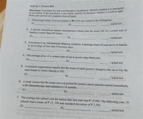 Activity 1 Formu Tail Directions Formulate The Null And Alternative