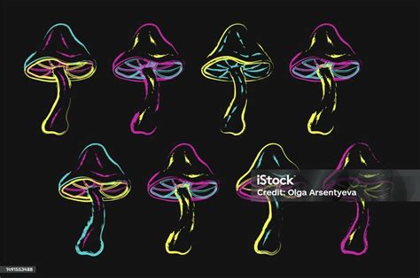 그런지 스타일의 판타지 마법 버섯 세트 네온 형광색의 밝고 특이한 곰팡이 동화 그루비 히피 신비로운 스타일에 좋습니다 버섯에 대한 스톡 벡터 아트 및 기타 이미지 Istock