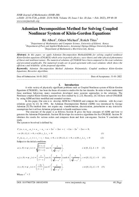 Pdf Adomian Decomposition Method For Solving Coupled Nonlinear System Of Klein Gordon Equations