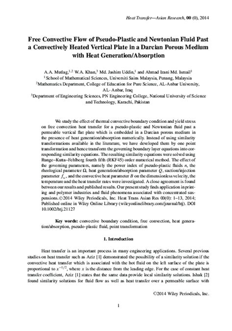 Pdf Free Convective Flow Of Pseudo Plastic And Newtonian Fluid Past A Convectively Heated
