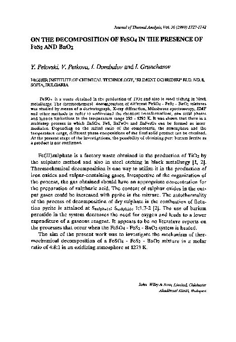 Pdf On The Decomposition Of Feso4 In The Presence Of Fes2 And Bao2