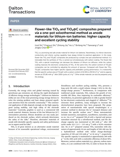 Pdf Flower Like Tio2 And Tio2 C Composites Prepared Via A One Pot Solvothermal Method As Anode