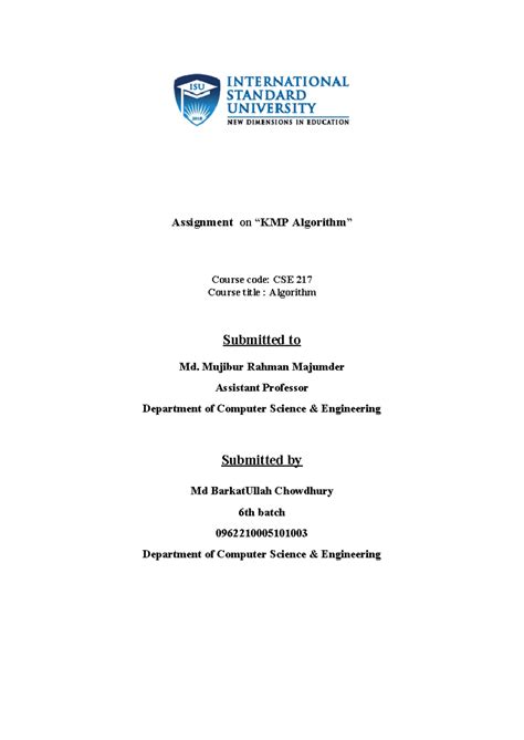 0962210005101003 Cse 217 Assignment On “kmp Algorithm” Course Code Cse 217 Course Title