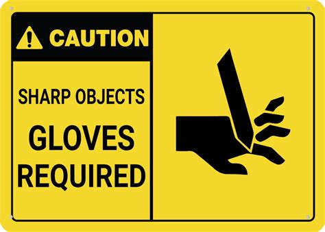 Caution Sharp Objects Gloves Required With Graphic Sign Metal 12x8 Inch Rust Free Aluminum Uv