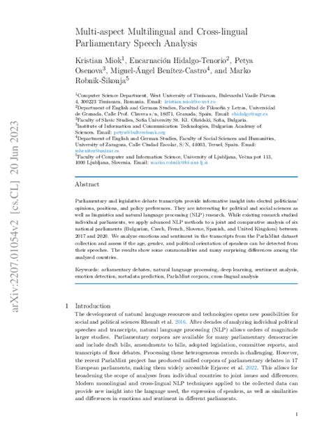 Pdf Multi Aspect Multilingual And Cross Lingual Parliamentary Speech Analysis