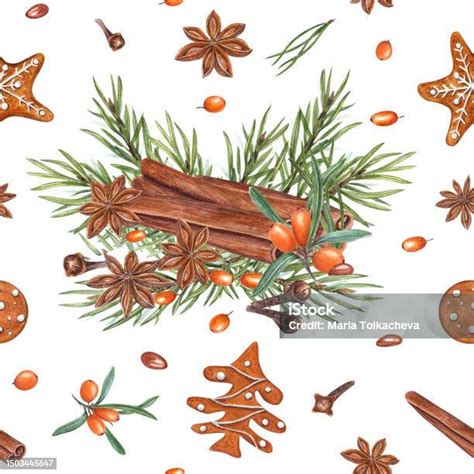 흰색 배경에 분리된 크리스마스 구성의 수채화 원활한 패턴입니다 오렌지 열매 계피 스틱 진저브레드 쿠키 가문비나무 가지 정향 아니스가 있는 식물 삽화 가문비나무에 대한 스톡