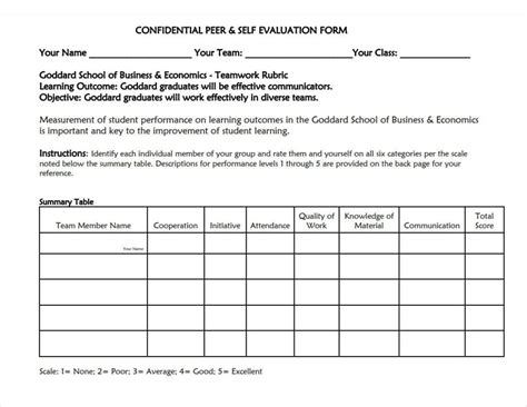 Printable Peer Evaluation Form