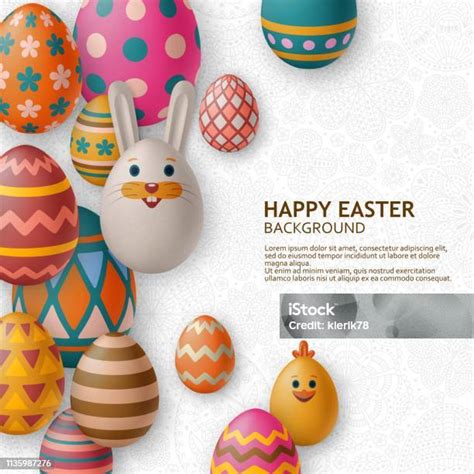흰 토끼 치킨 계란과 꽃 귀여운 부활절 배경입니다 화려한 벡터 일러스트입니다 3차원 형태에 대한 스톡 벡터 아트 및 기타 이미지