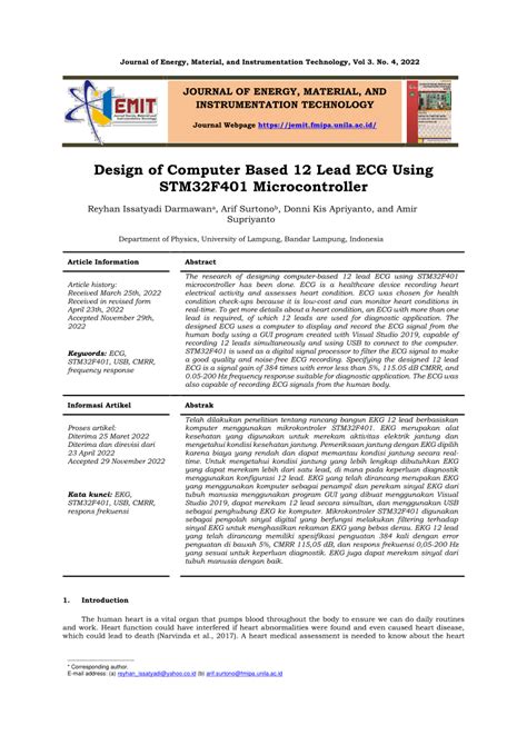 Pdf Design Of Computer Based 12 Lead Ecg Using Stm32f401 Microcontroller