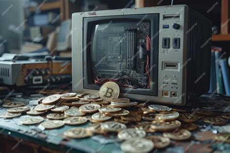 Bitcoin And Cryptocurrency Mining Concept With Vintage Technology And Modern Coins Premium Ai