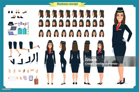 여자 캐릭터 생성을 설정합니다 스튜 어디 스 승무원입니다 얼굴 및 헤어 스타일 감정 전면 후면의 종류와 아이콘 승무원 교통 관련 직업에 대한 스톡 벡터 아트 및 기타 이미지