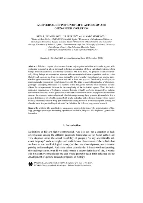 Pdf A Universal Definition Of Life Autonomy And Open Ended Evolution