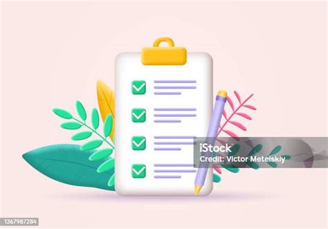 클립보드의 체크리스트 3d 체크 리스트 아이콘입니다 메모 또는 작업이 있는 용지 문서 검사 확인 또는 진드기 표시와 비즈니스