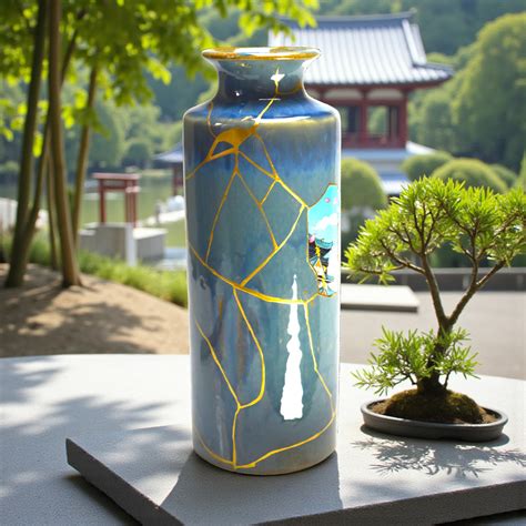 Blue Vase With Kintsugi And Osaka Castle Pure Gold Kintsugi