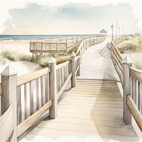 A Drawing Of A Boardwalk With A Boardwalk Leading To The Beach Premium Ai Generated Image