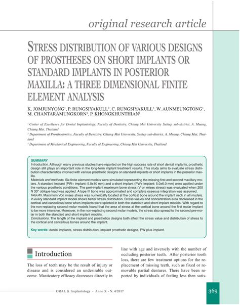 Pdf Stress Distribution Of Various Designs Of Prostheses On Short Implants Or Standard