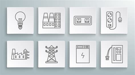 설정 라인 발전소 및 공장 고전압 전원 극선 은행 배터리 전기 콘센트 확장 코드 및 아이디어 아이콘의 개념으로 전구 벡터 건축하기에 대한 스톡 벡터 아트 및 기타 이미지