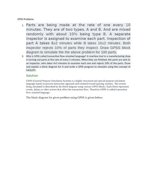 Gpss Program And Solution Exercises Mathematical Modeling And Simulation Docsity