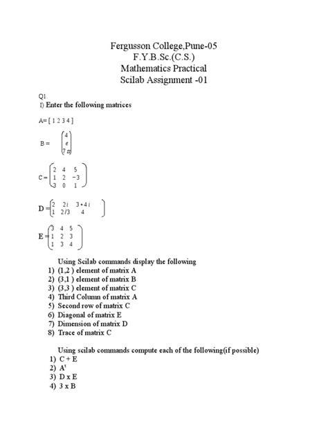 Scilab Matrix Operations Assignment Pdf Teaching Methods