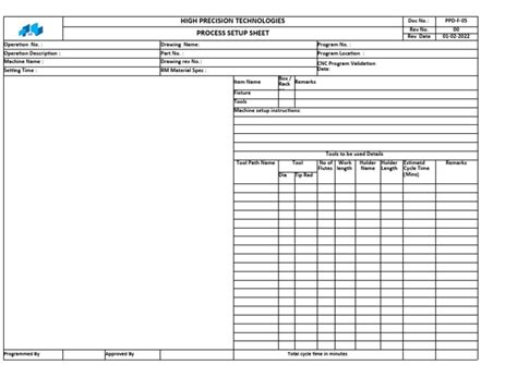 Set Up Sheet Pdf