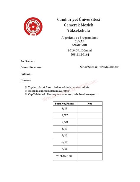 Algoritma ve Programlama Dersi Vize Soruları ve Cevapları Vize ve Final Soruları Paylaşım