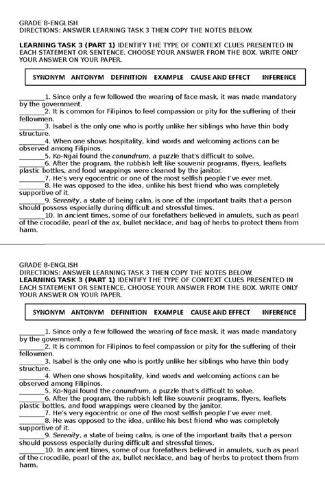 Written Works And Performance Task 1 Grade 8 English Directions Answer Learning Task 3 Then