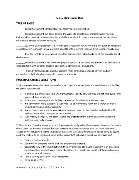 Sexual Harassment Quiz Master With Answers Sexual Harassment Quiz