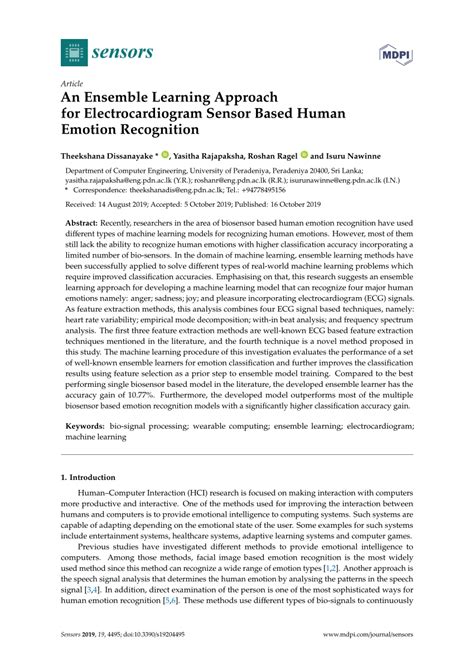Pdf An Ensemble Learning Approach For Electrocardiogram Sensor Based Human Emotion Recognition