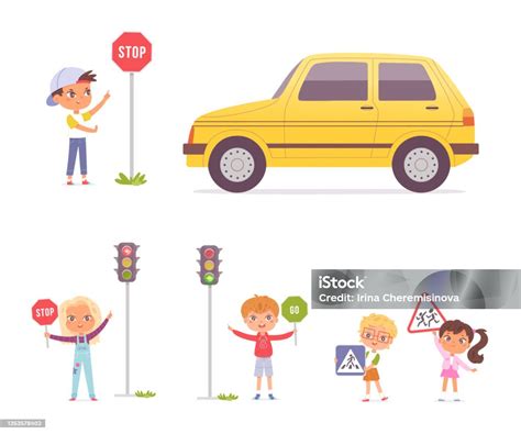 교통 규칙을 연구하는 미취학 아동 그룹 도로에 도로 표지판을 들고 멈추지 않고 교통이 금지되고 횡단 보도 주의 어린이 신호등을 허용하는 도로를 건너는 것이 금지됩니다 거리에