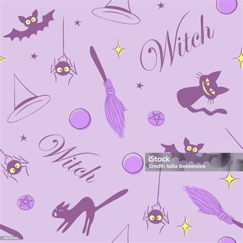 마녀 상징과 할로윈 완벽 한 패턴 고양이 박쥐 빗자루 마녀 모자 및 오각형 귀여운 가벼운 부드러운 소녀 같은 완벽 한 패턴 마법 요소의 배경 파워 걸 테마 0명에 대한 스톡