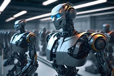 Humanoid Robots On Assembly Lines For Production In A Factory Concept