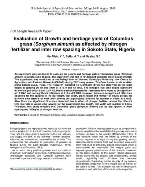 Pdf Evaluation Of Growth And Herbage Yield Of Columbus Grass Sorghum
