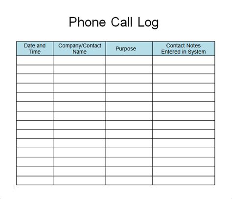 Excel Printable Call Log Template
