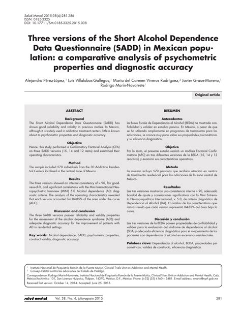 Pdf Three Versions Of The Short Alcohol Dependence Data Questionnaire Sadd In Mexican