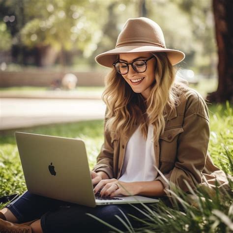 Premium Ai Image A Woman Sitting In The Grass Using A Laptop