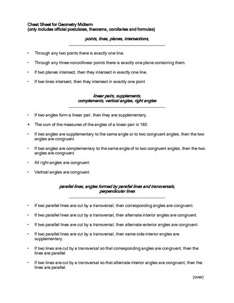 Cheat Sheet For Geometry Midterm Docsity