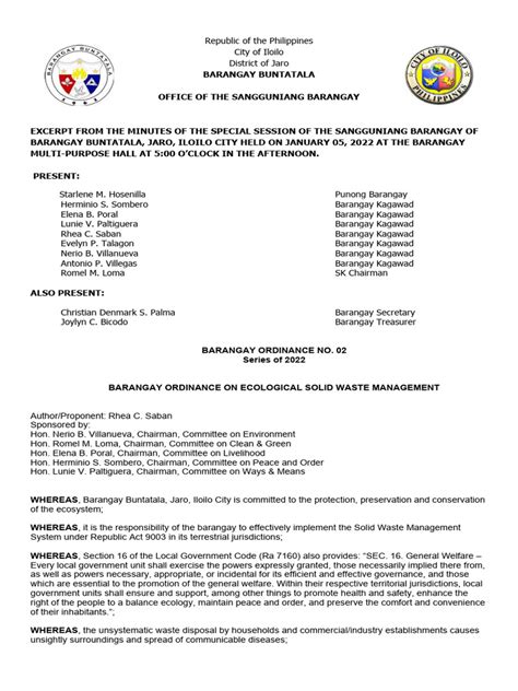 Sample Brgy Ordinance On Eswm Pdf Waste Municipal Solid Waste